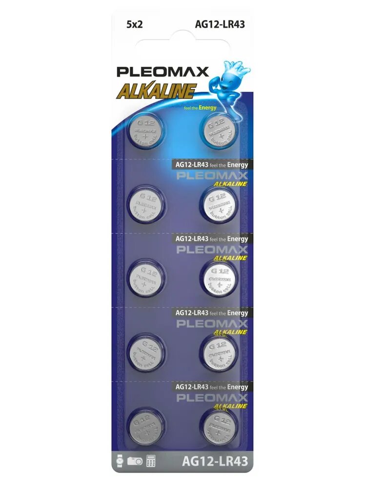 Батарейки щелочные Pleomax круглые AG12 (386, LR1142, LR43) таблетки 1.5V для часов, калькулятора, игрушек, пульта,10 шт