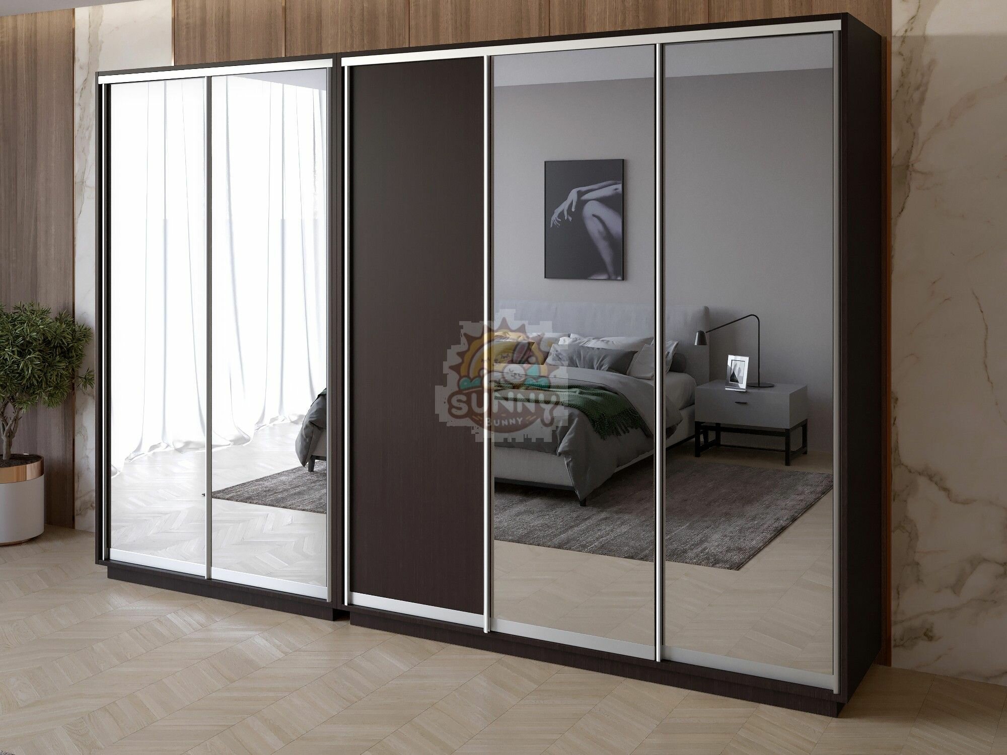 Шкаф-купе Вилли 5-ти дверный модульный (2+3) ЛДСП-1/Зеркало-4, профиль серебро, 300х60х240 см. Венге