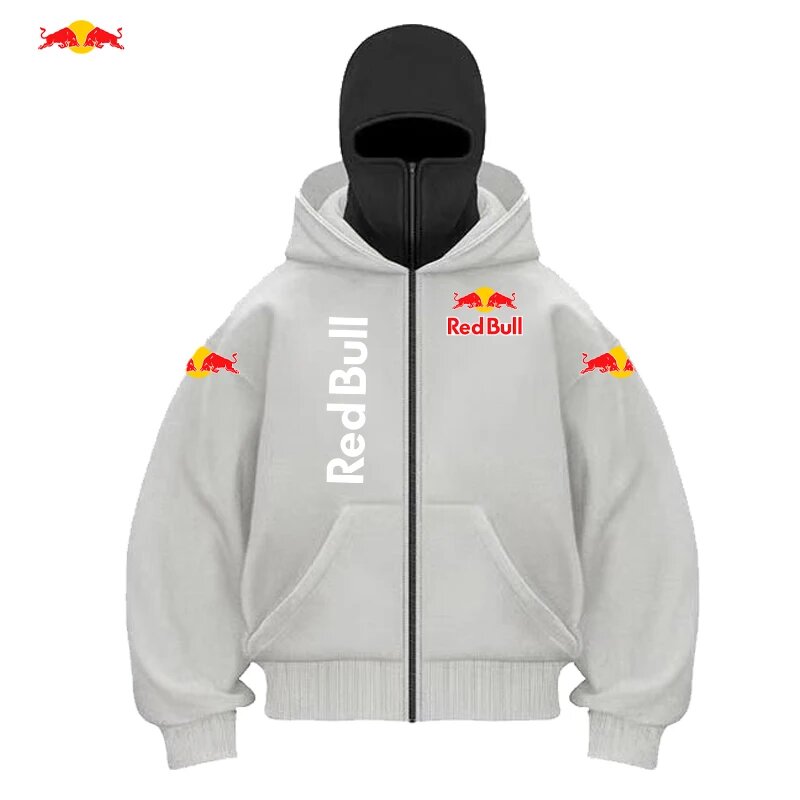 Мужская толстовка на молнии с логотипом RedBull, зимняя теплая повседневная толстовка с маской для лица с капюшоном, дизайн на молнии, спортивная куртка для активного отдыха