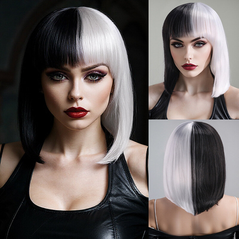 2026cos Парик 101 Верная Круэлла де Виль Черно-белая ведьма Цветной блок Короткие кудрявые волосы