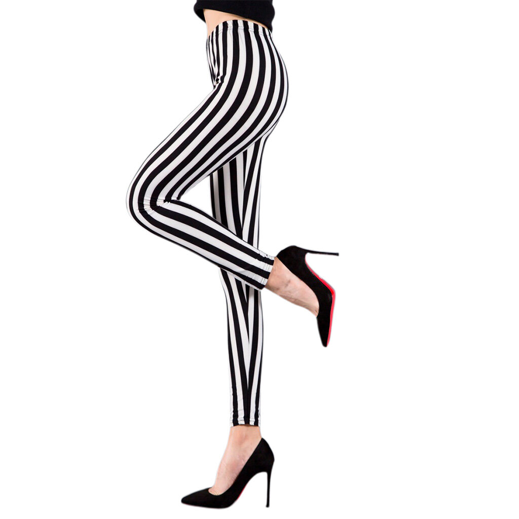 Womens Rise Ankle Length Stretchy Leggings Black White Vertical Striped Prin