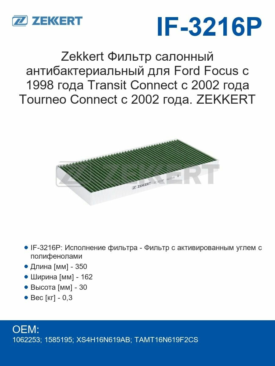 Zekkert Фильтр салонный антибактериальный для Ford Focus с 1998 года Transit Connect с 2002 года Tourneo Connect с 2002 года. ZEKKERT