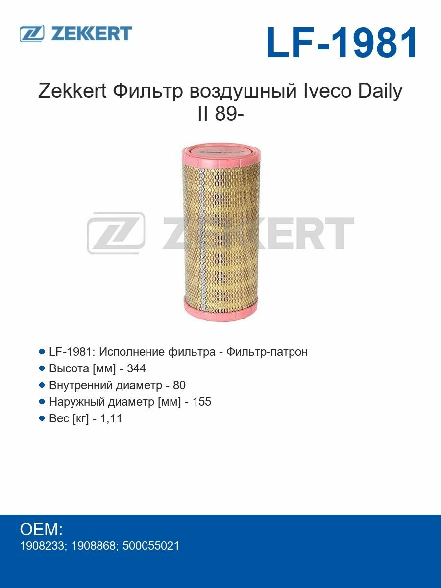 Zekkert Фильтр воздушный Iveco Daily II 89-