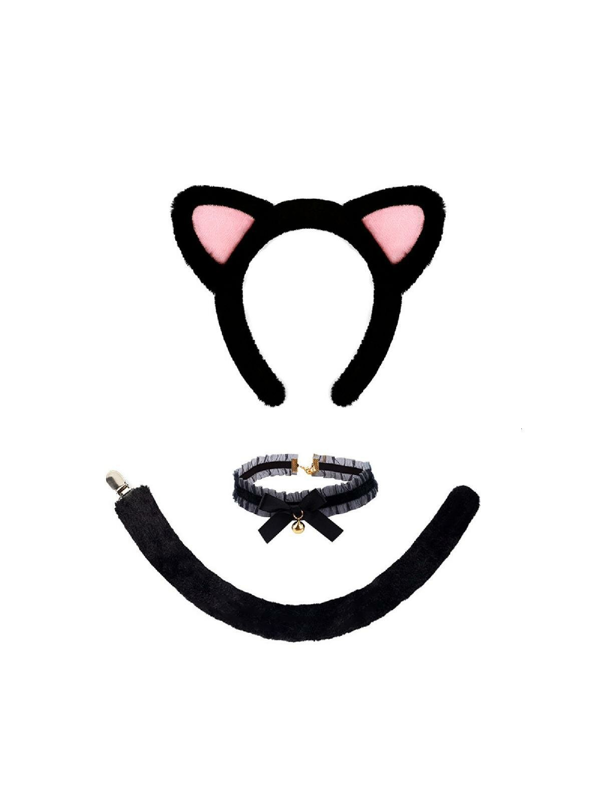 Головной убор-уши для костюма кошки, Черный комплект из 3ШТ.