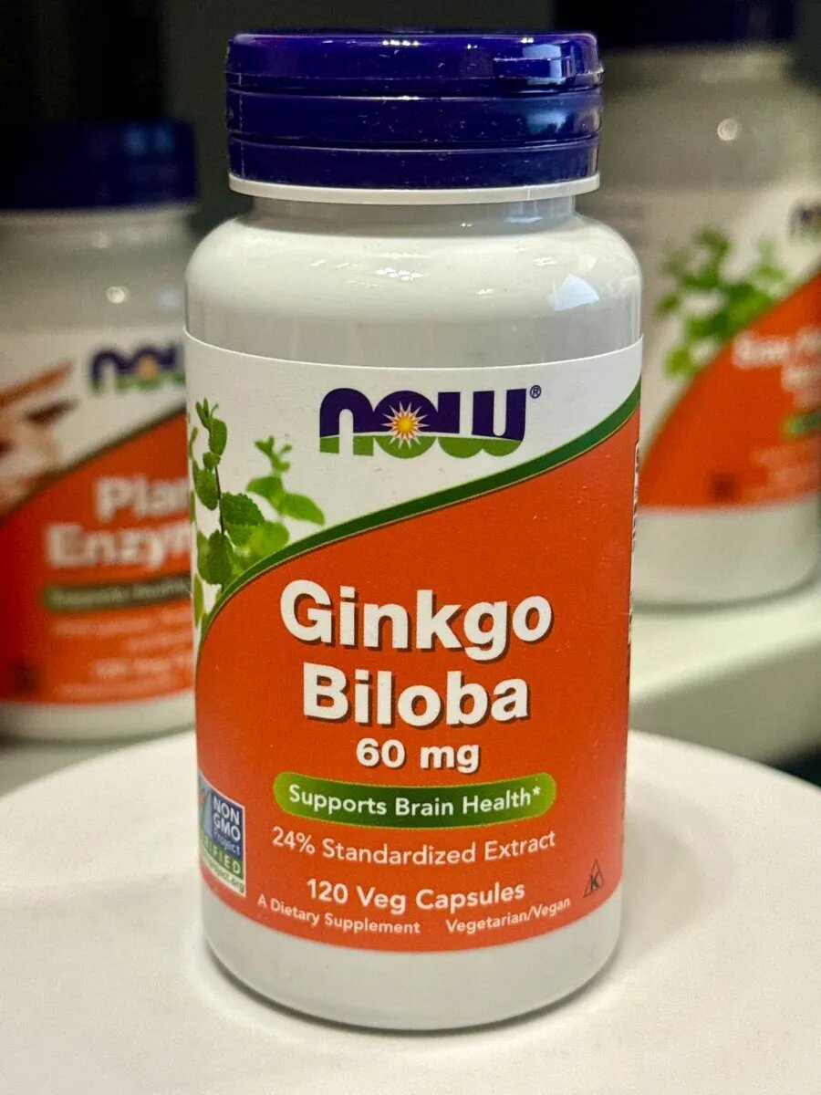 NOW GINKGO BILOBA 60 mg — улучшение памяти, концентрации и мозгового кровообращения, 120 капсул