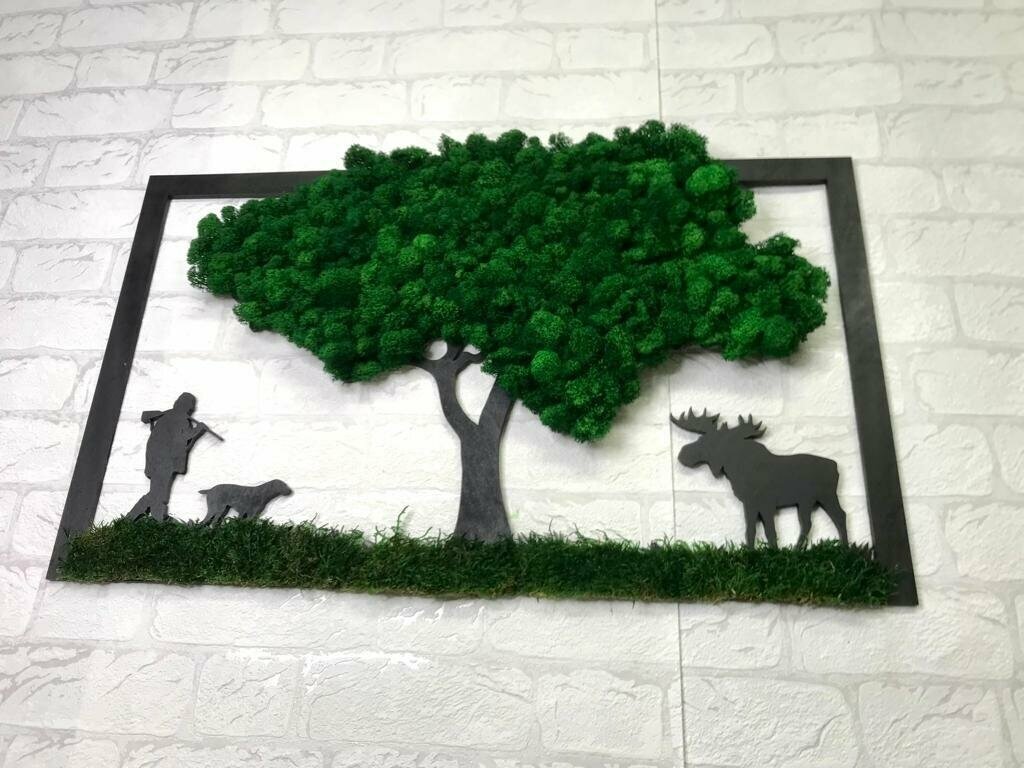 Панно настенное "Охота" 68*40 см со стабилизированным мхомдля декора, дизайна, озеленения, ремонта, отделки