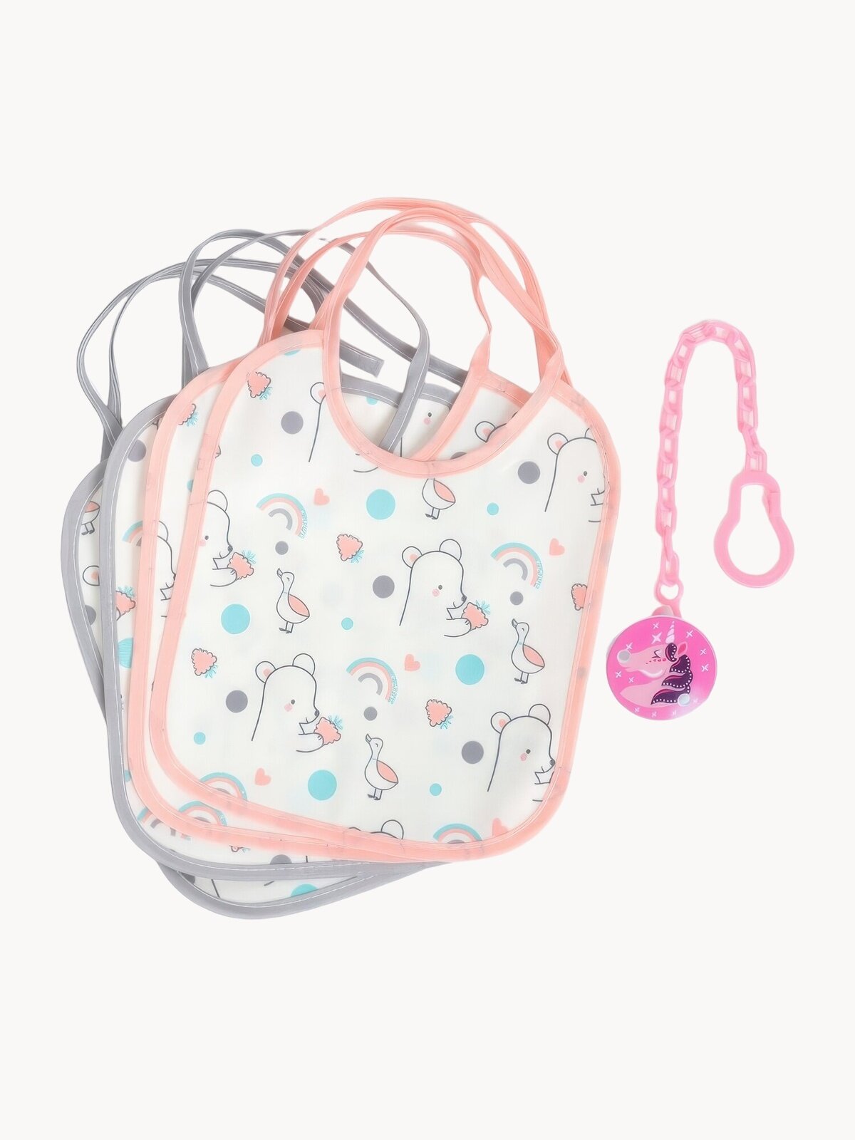 Набор детских слюнявчиков Крошка Я, 4 шт. + подарок, 20х17 см, цвет розовый, серый