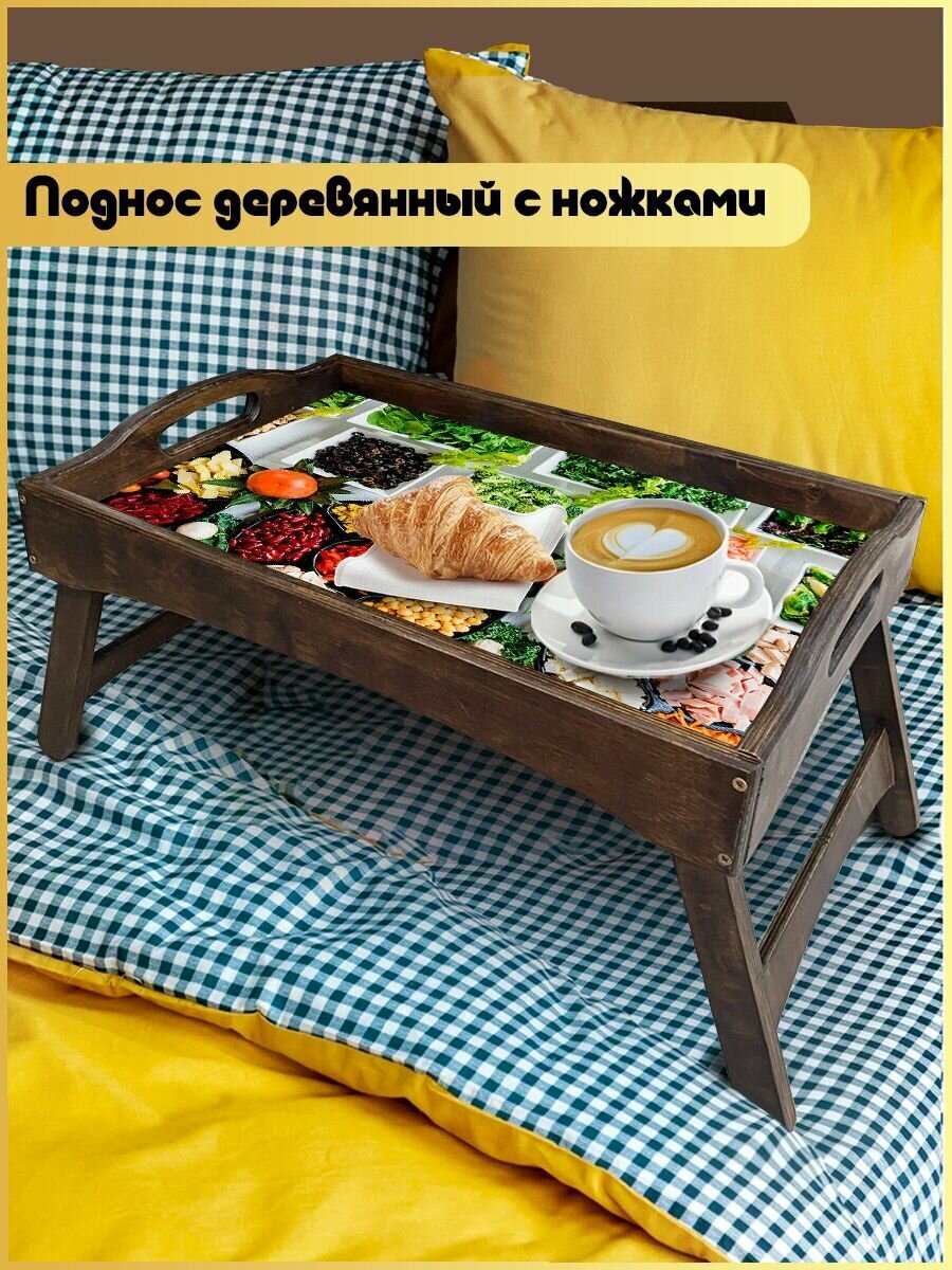 Деревянный поднос на ножках с рисунком еда - 332