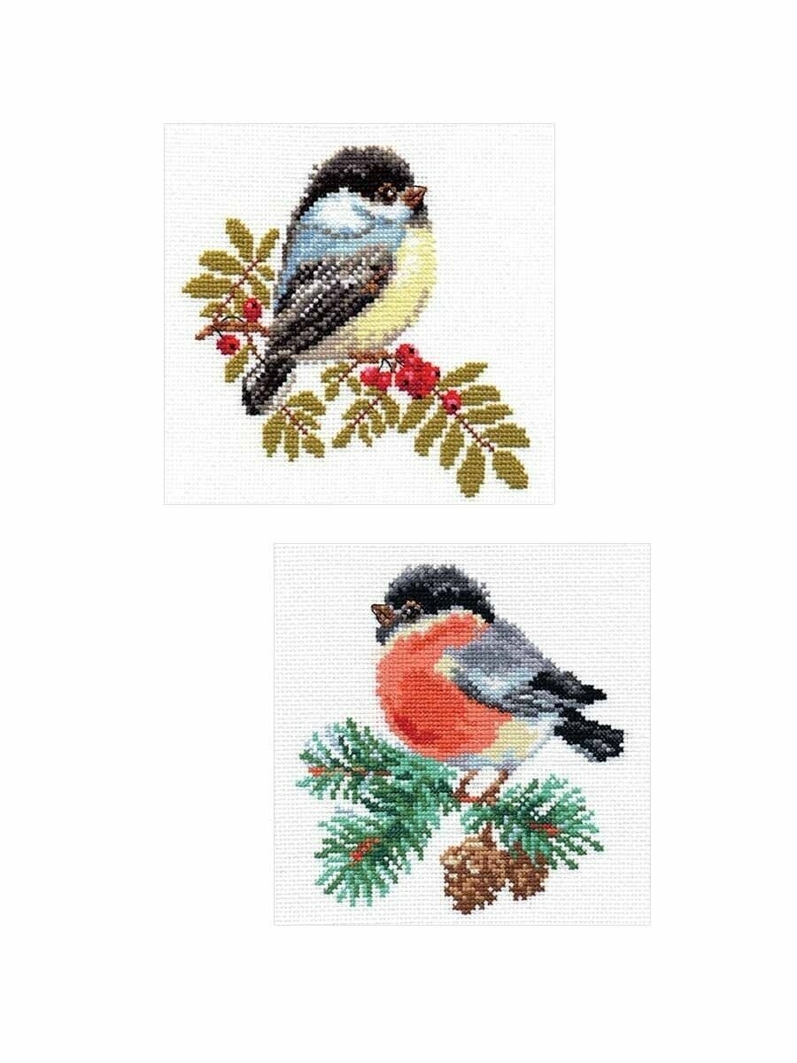 Творческий комплект из двух наборов Алиса "Снегирек, Синичка" с качественными цветными нитками мулине, хлопковой канвой, удобной иглой, схемой и инструкцией для вышивания картины крестом