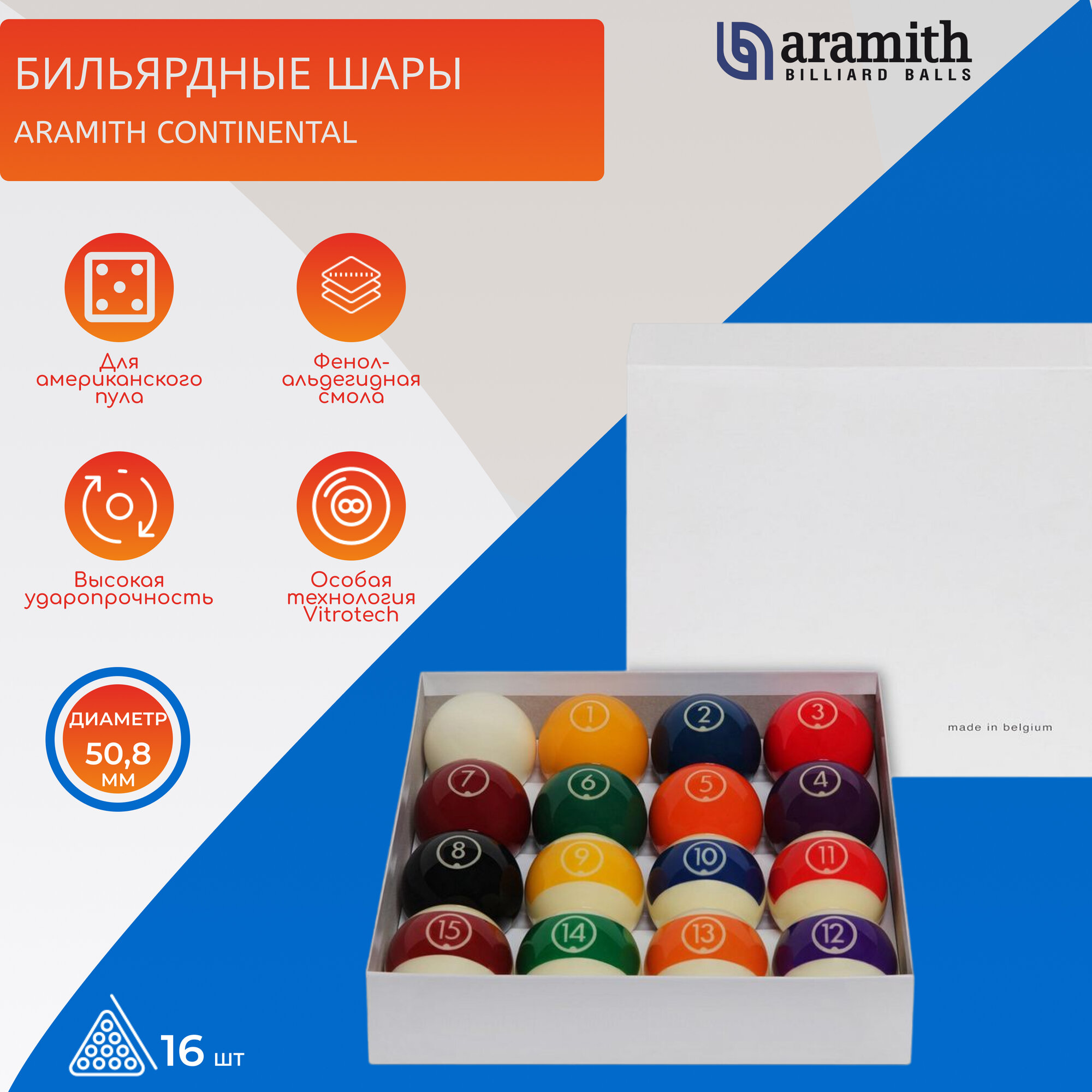 Шары для американского пула Aramith Continental 50,8 мм (белый биток)