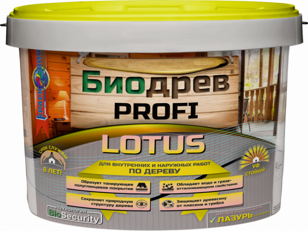Лазурь для Дерева Красковия Биодрев PROFI "LOTUS" 10кг Бесцветная, Водная, Полуматовая с Защитой от Плесени и Грибка.