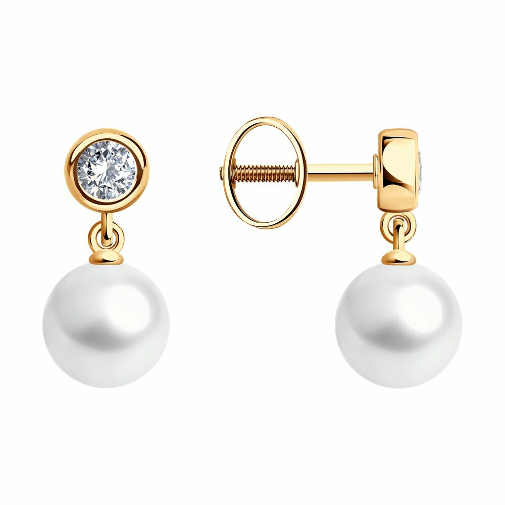 Серьги с подвесками, красное золото, 585 проба, жемчуг пресноводный культивированный, фианит