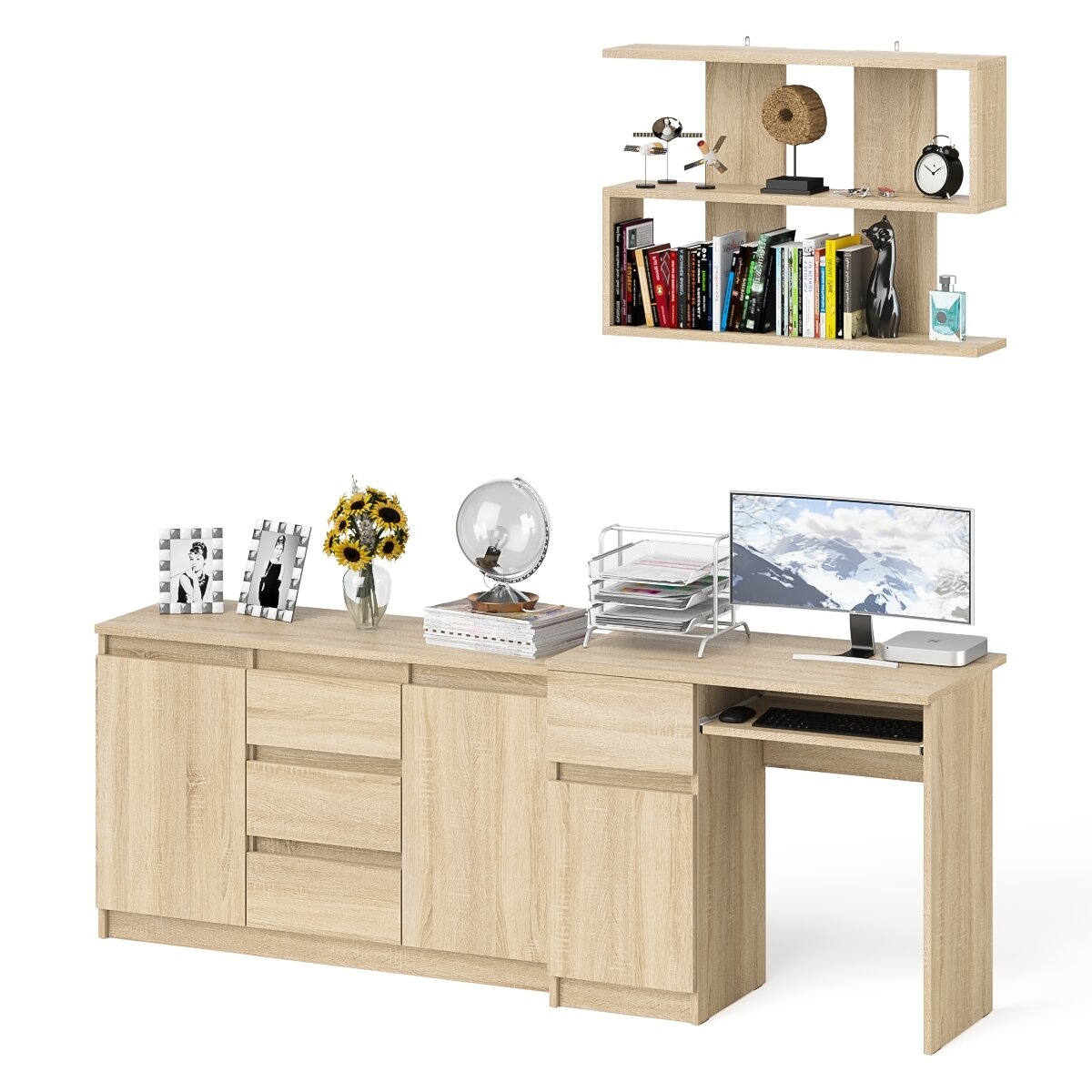 Стол СВК Мори МС-1 левый с верхней полкой и комодом с дверками и ящиками дуб сонома