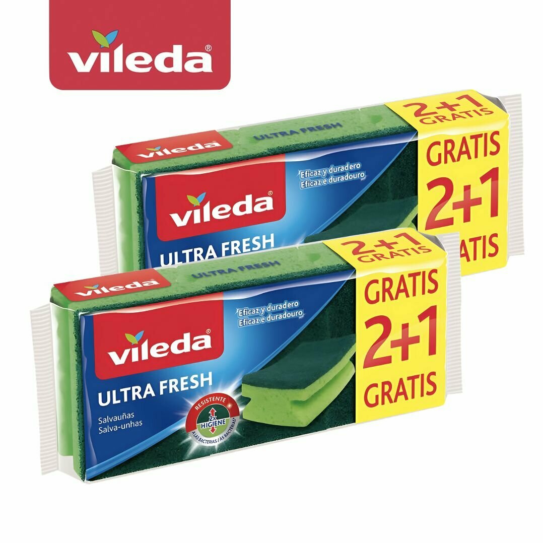 Губки с антибактериальным эффектом Vileda Ultra Fresh, комплект: 2 уп. по 3 шт, цвет: зеленый, 172492-2