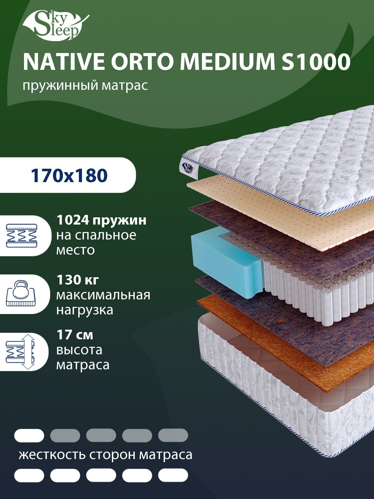 Матрас 170x180 ортопедический пружинный SkySleep NATIVE ORTO MEDIUM S1000