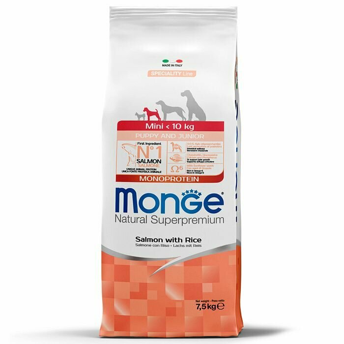 Корм сухой Monge Dog Speciality Line Monoprotein для щенков мелких пород лосось с рисом 7,5 кг