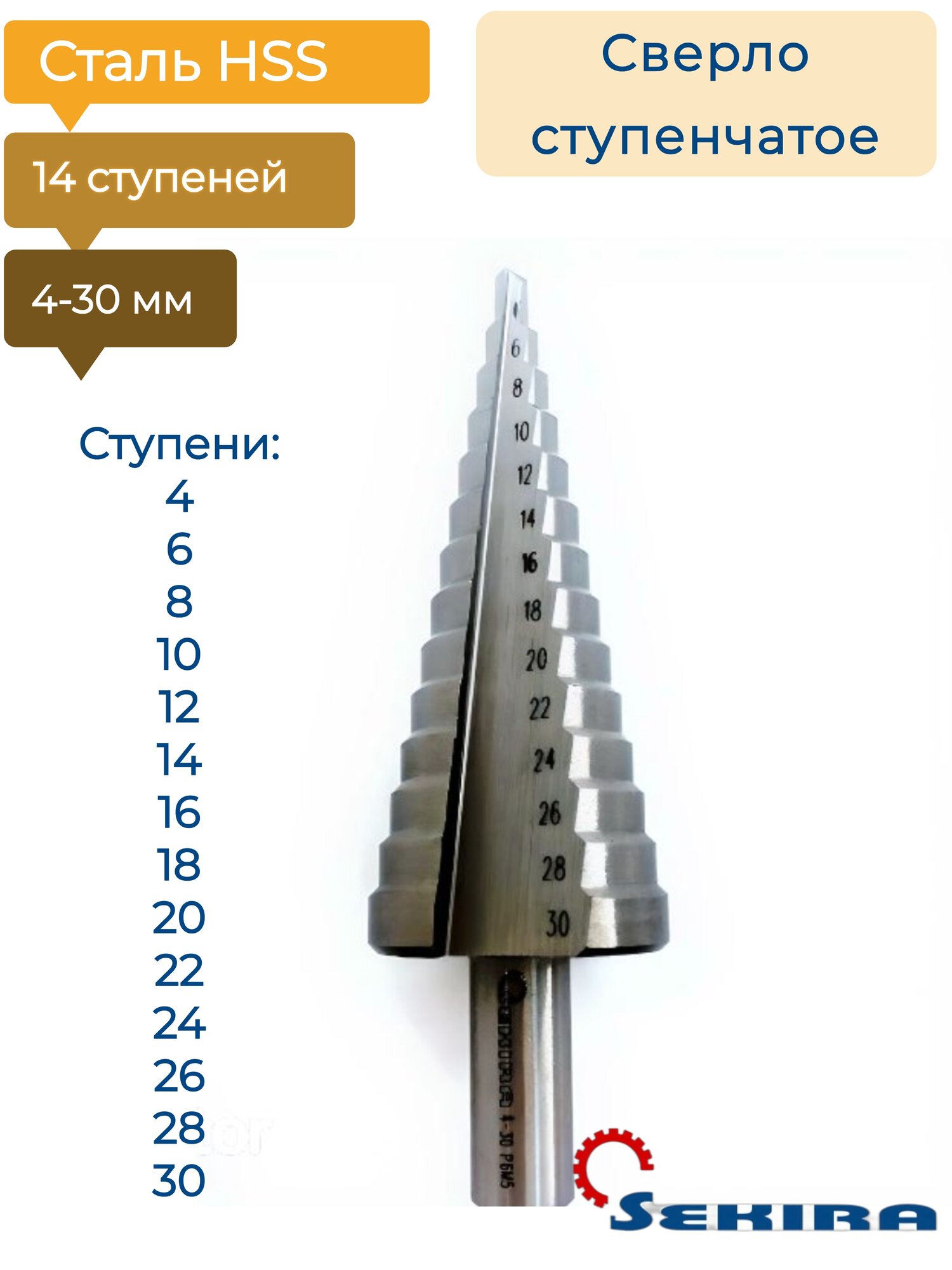 Сверло ступенчатое по металлу, 14 ступеней, 4-30 мм, HSS, цилиндрический хвостовик Sekira