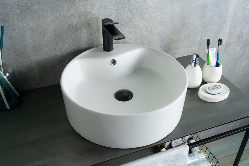 (46х46х16см) Комплект 3 предмета: Керамическая накладная раковина для ванной Gid N9008b с сифоном А-3202 и донным клапаном хром H6716