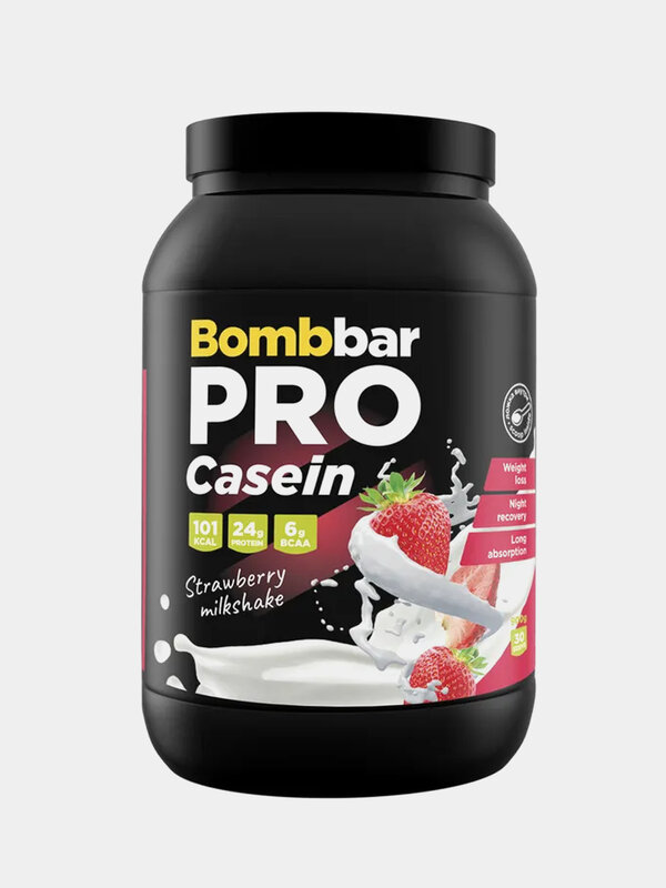 Протеин BOMBBAR PRO Casein, 900 гр, клубничный милкшейк