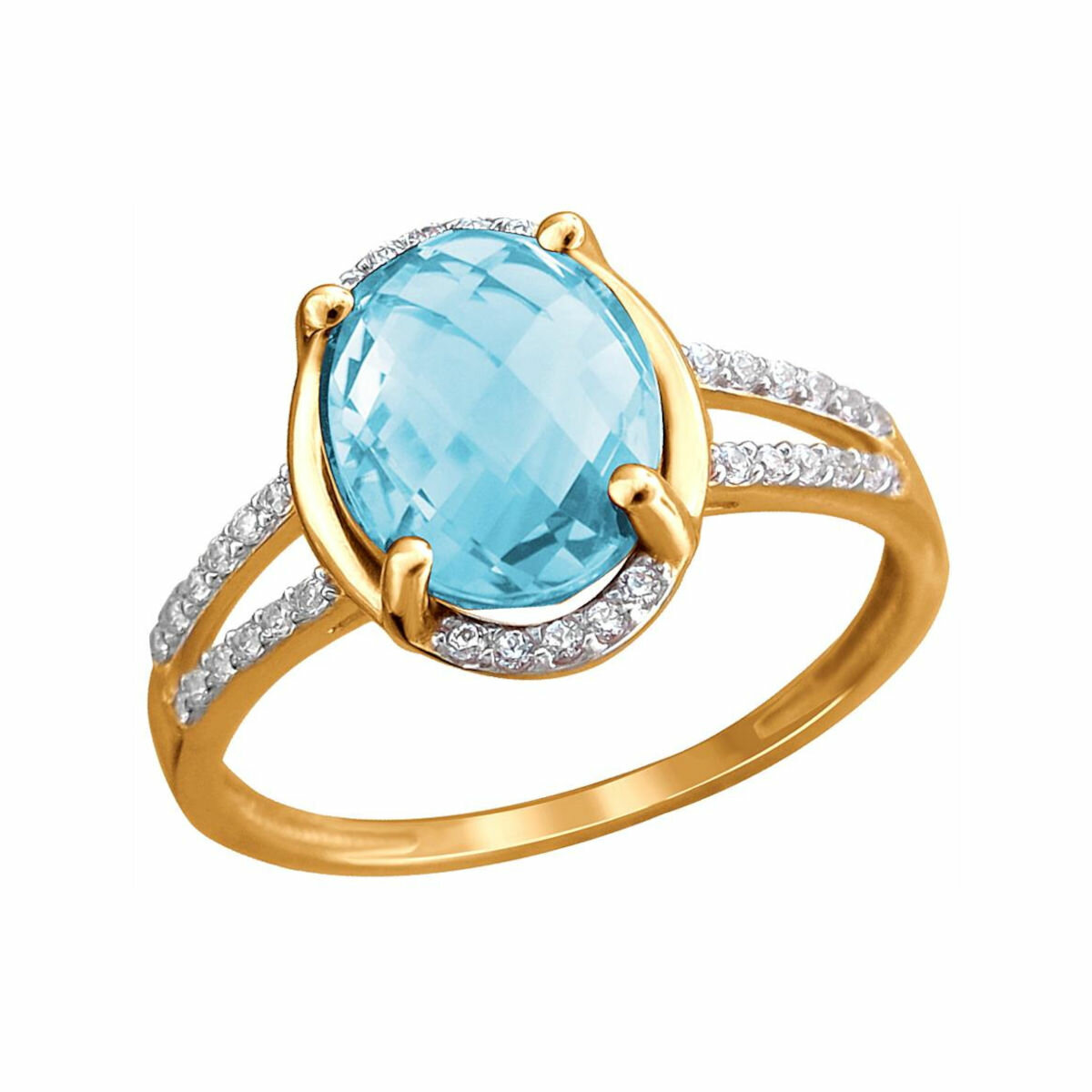 Кольцо, красное золото, 585 проба, родирование, фианит, топаз