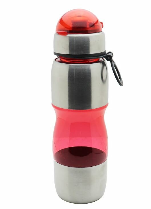 Фляжка питьевая 750 мл (прозр. цветн. пластик с метал. обрамлением сверху и снизу) красная
