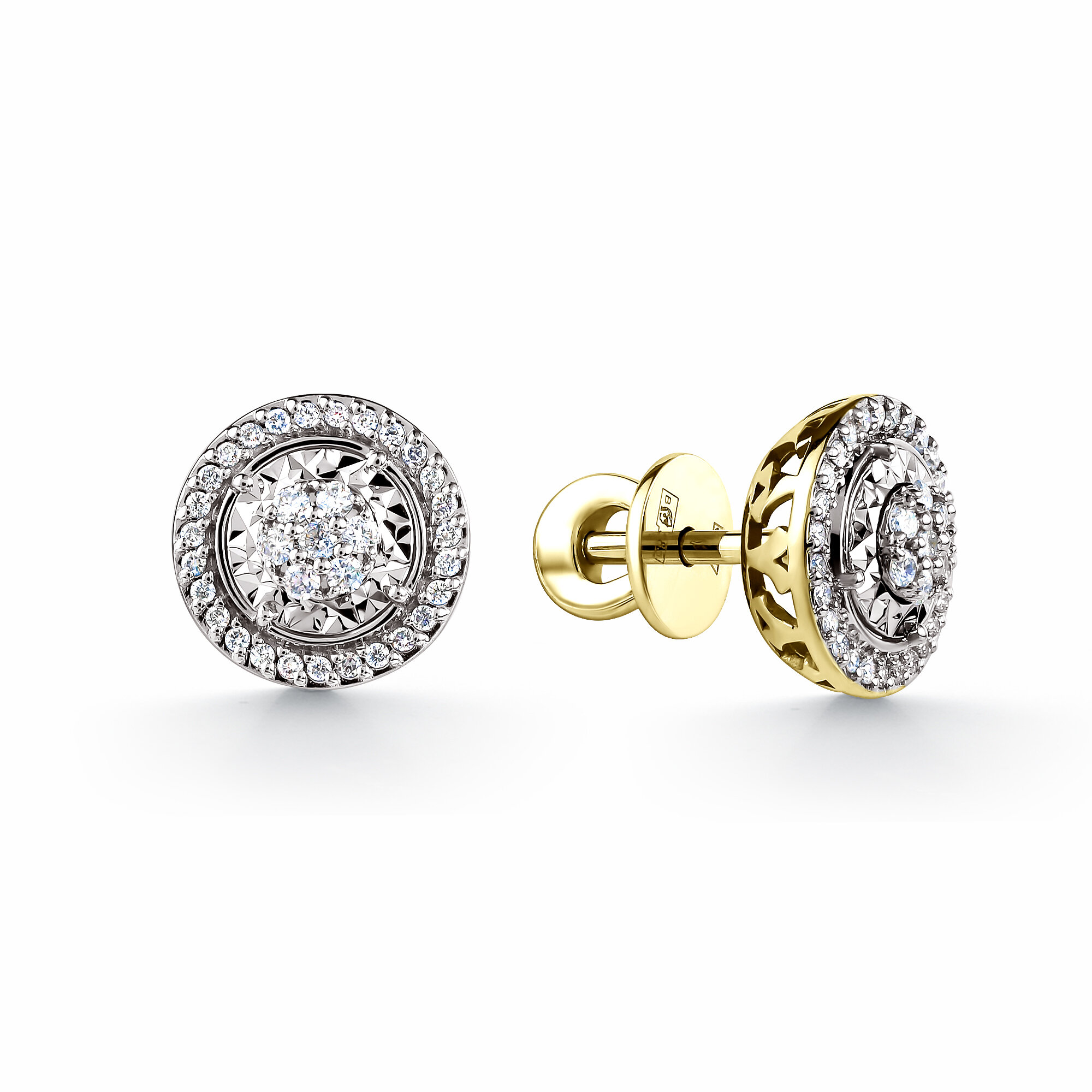 Серьги пусеты, комбинированное золото, 585 проба, бриллиант