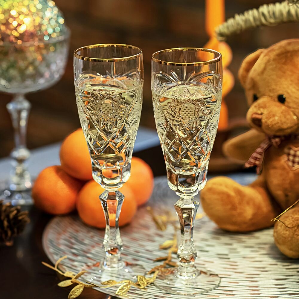 Хрустальные бокалы для шампанского, игристых вин 170 мл. набор 6 шт. Неман 1000/26, 6997/170гр золото