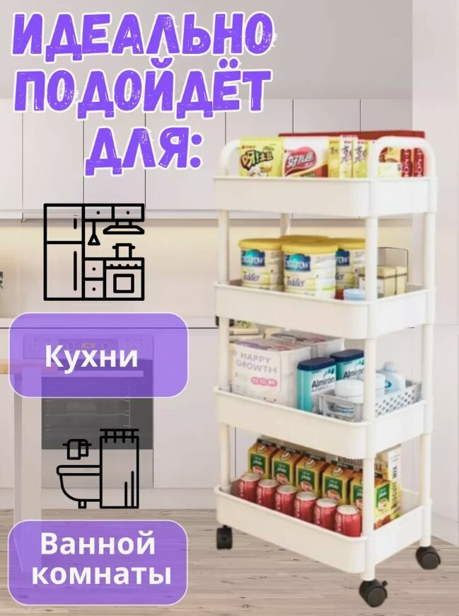 Стеллаж в ванную комнату, Этажерка для кухни на колесиках напольная пластик, белая