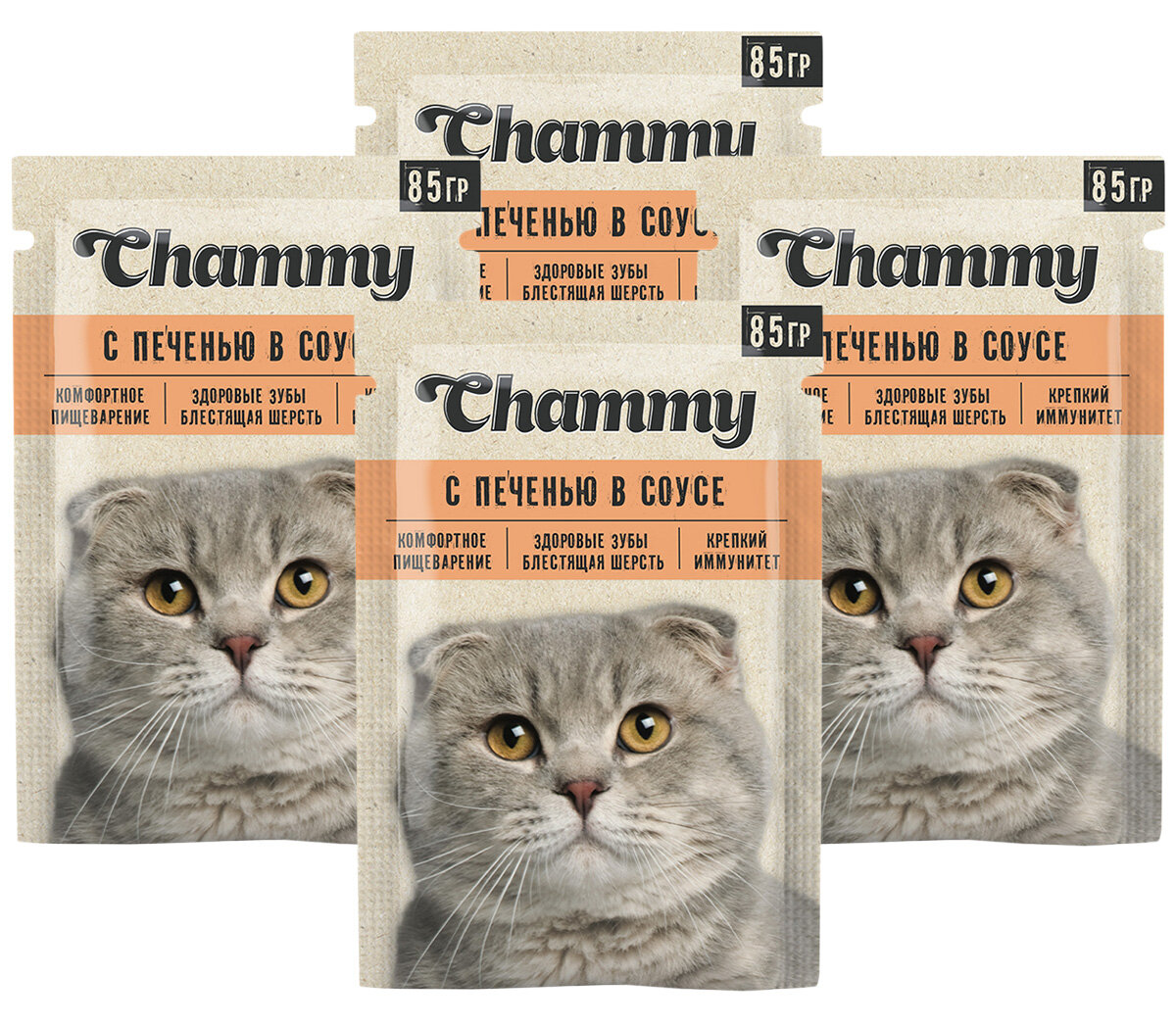 Корм влажный Chammy для взрослых кошек, печень в соусе, 85 г х 4 шт