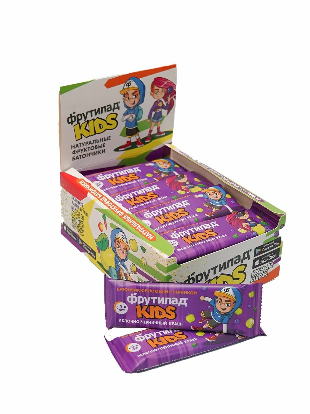 Натуральные фруктовые батончики для детского питания Фрутилад Kids "Яблочно-черничный краш" 24 шт./600 грамм.