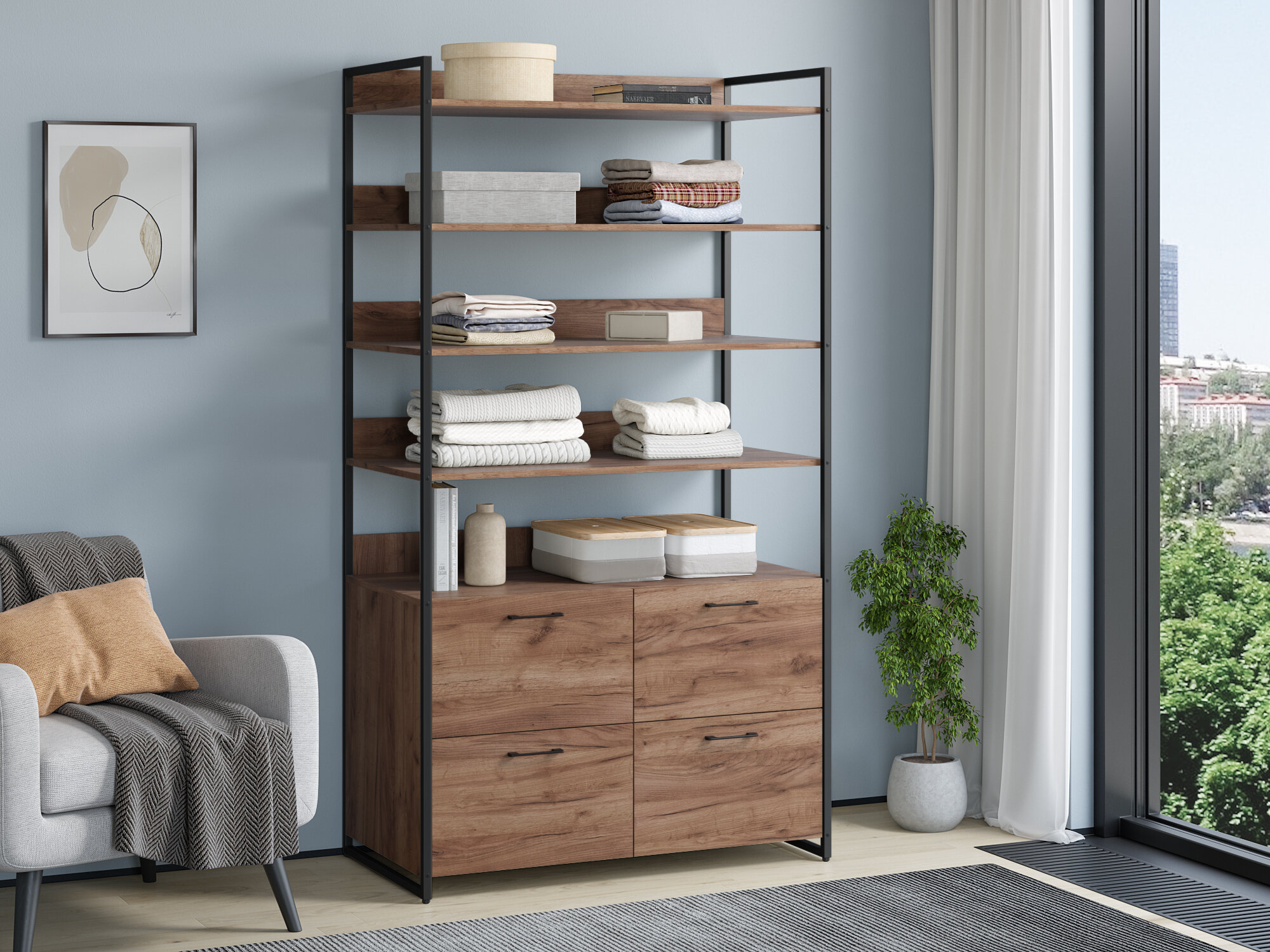 Стеллаж Urban Лофт 04 с ящиками Черный/Дуб крафт табак с ящиками