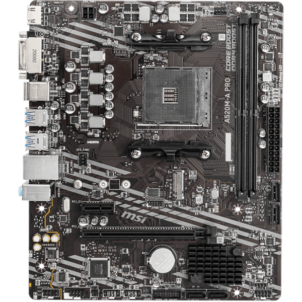Материнская плата MSI A520M-A PRO, AM4, AMD A520, 2xDDR4, 4xSATA, 1xM.2, 1xPCIe 3.0 x16, 1xDVI-D, 1xHDMI, 1x 1Gb LAN, 2xUSB 2.0, 4xUSB 3.2 Gen 1, 3x3.