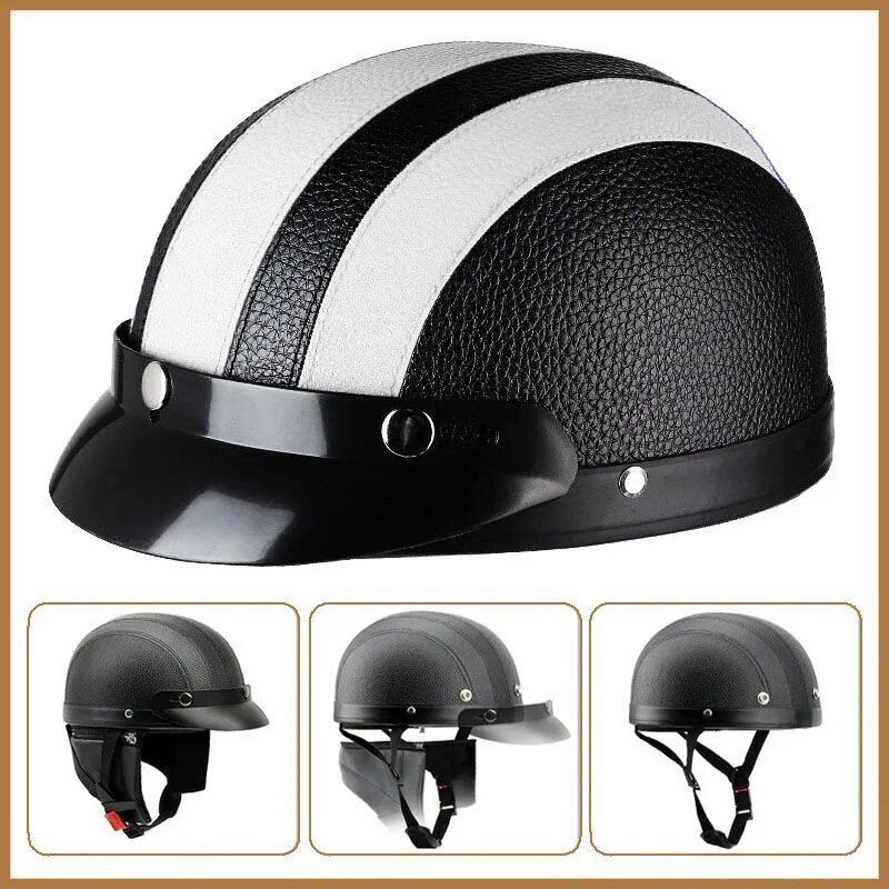 Мотоциклетный ретро-шлем каска байкера сувенирная, цвет черно-белый экокожа