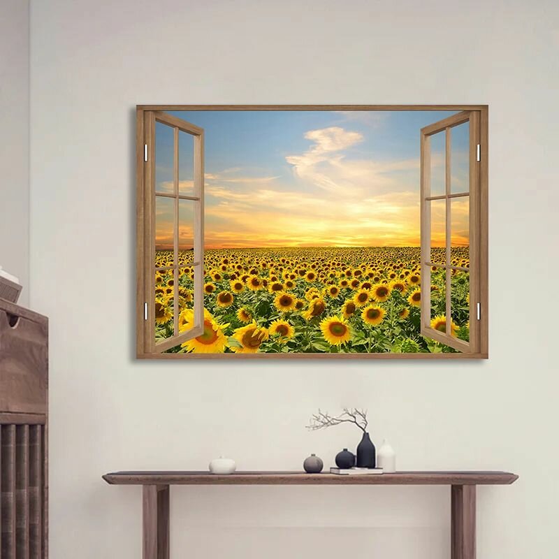 Картина "Окно с видом на подсолнуховое поле", от ВсеКартины. Тут, холст, на подрамнике