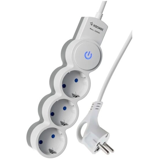 Удлинитель Космос Электро космос 3х3м ПВС 3х0.75 с защ. шторк. с заземл. IP20 с выкл. 220В 10А 2200Вт бел, YKsm3m-3g-Z-V10A-W