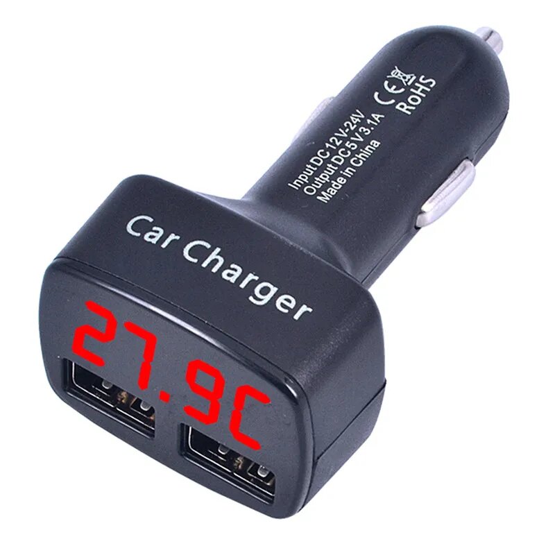 Автомобильное зарядное устройство 2xUSB, 12-24V, Black Case Red LCD