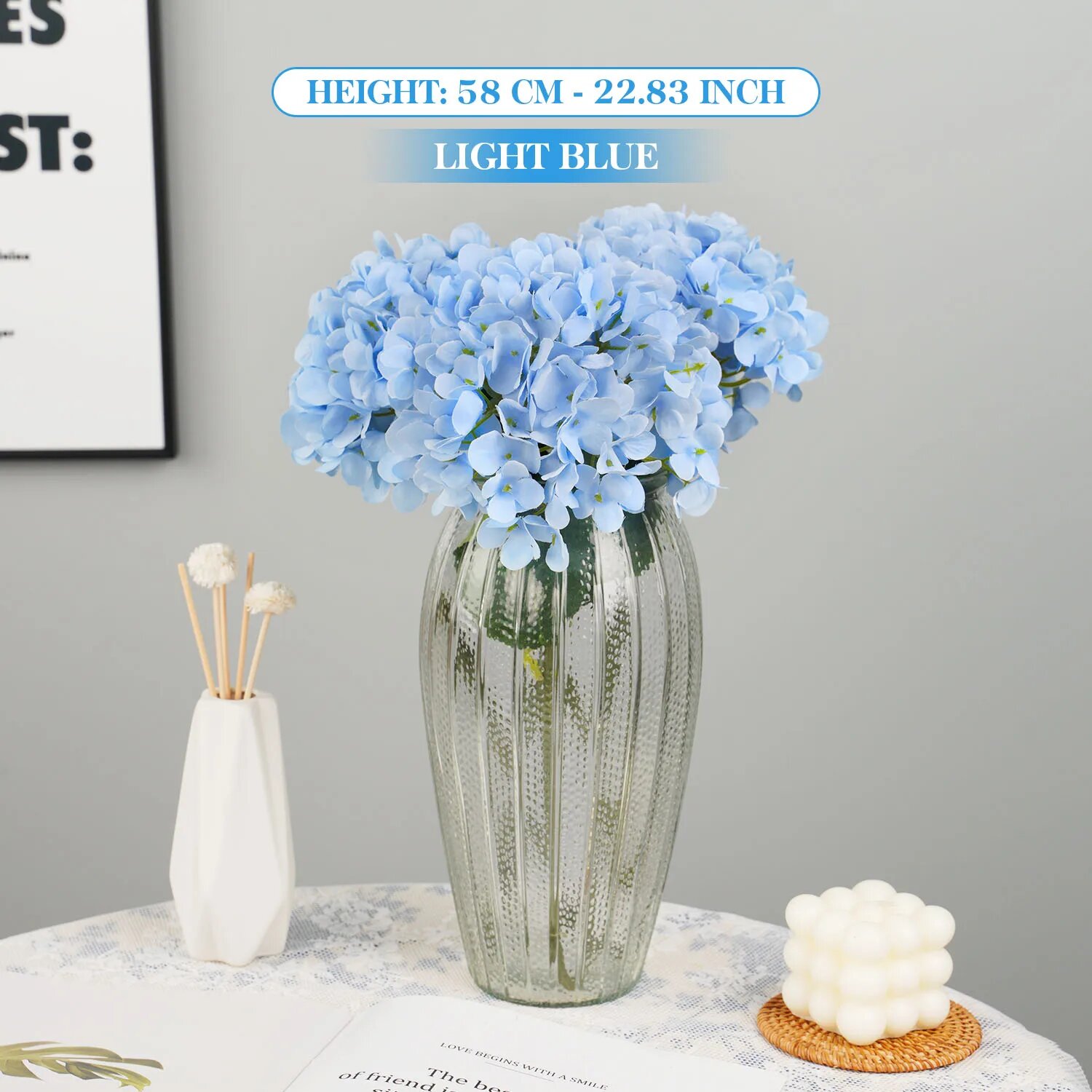 Искусственные цветы гортензия, 58 см, Light Blue