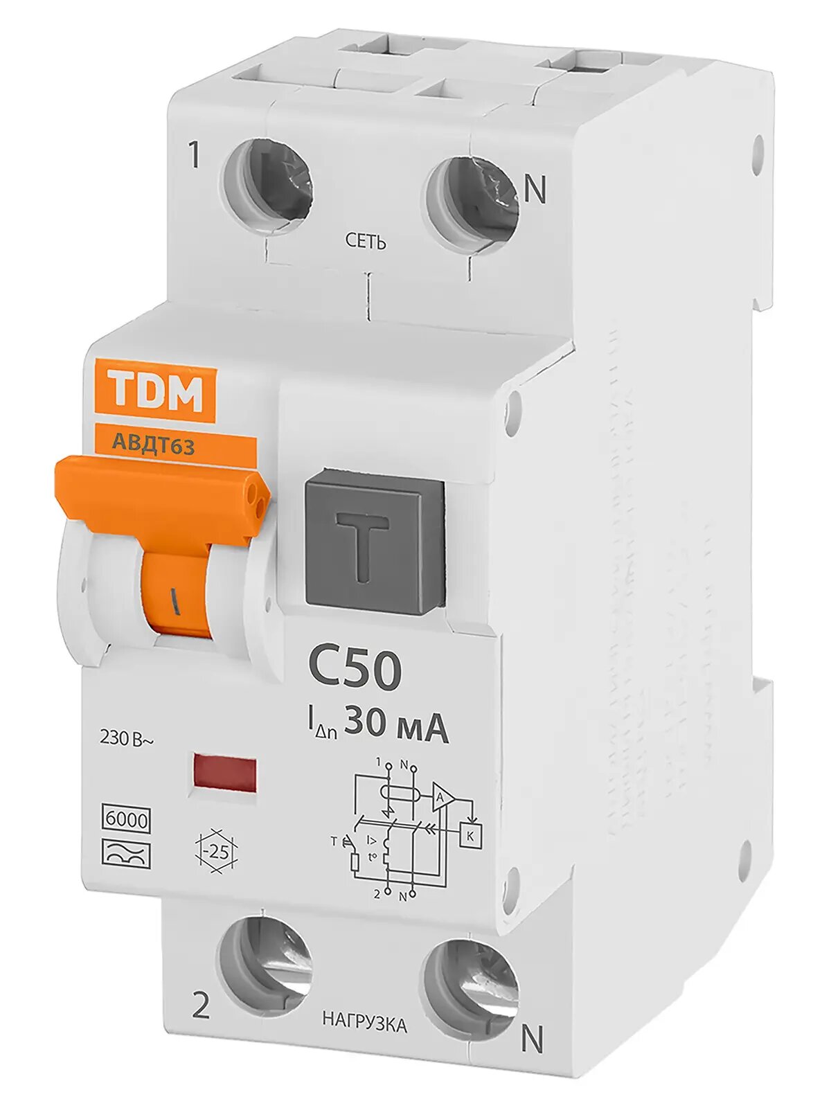 Дифференциальный автомат TDM Electric 63 2P N C50 А 30 мА 6 кА А