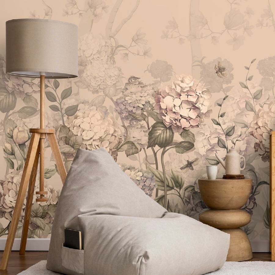Фотообои Бежевые гортензии 13-114-S-Холст 270 x 200 см (ВхШ) Бесшовные, флизелиновые, влагостойкие обои MasterFresok