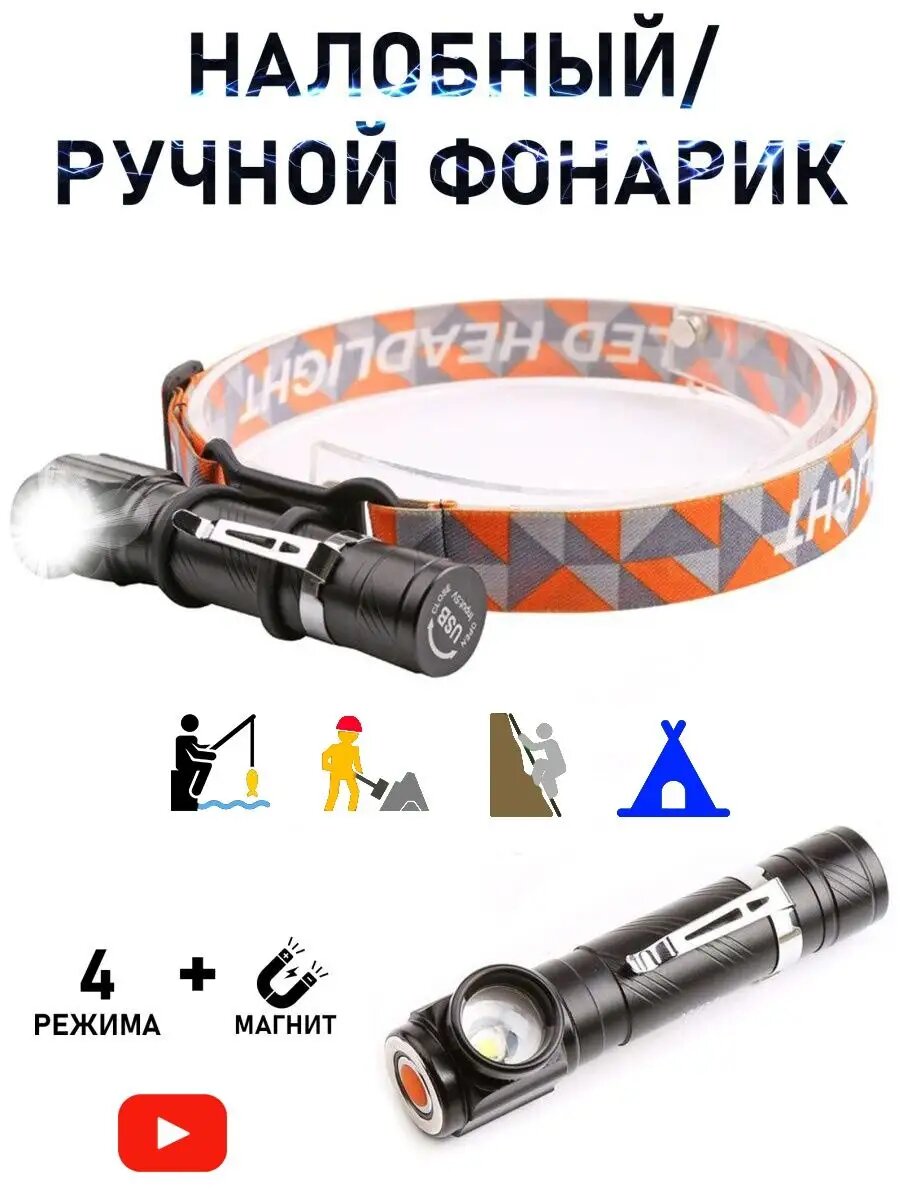 Светодиодный налобный фонарь с клипсой