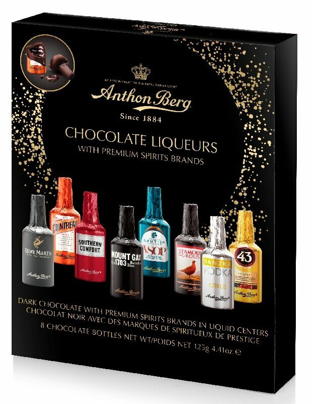 Конфеты ANTHON BERG ассорти с алкогольныйми ликерными начинками Chocolate Liqueurs, черная плоская кор. /картон/ 125г