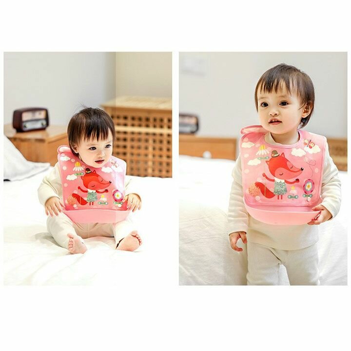 Фартук нагрудник детский/Слюнявчик для кормления непромокаемый с силиконовым съёмным карманом "Лисичка"