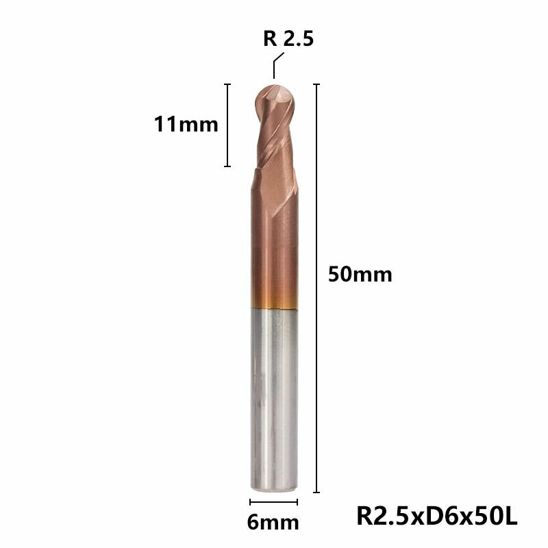Фреза спиральная сферическая двухзаходная XCAN, 6хR2,5х50 мм, 50 градусов, вольфрамовый сплав с бронзовым покрытием