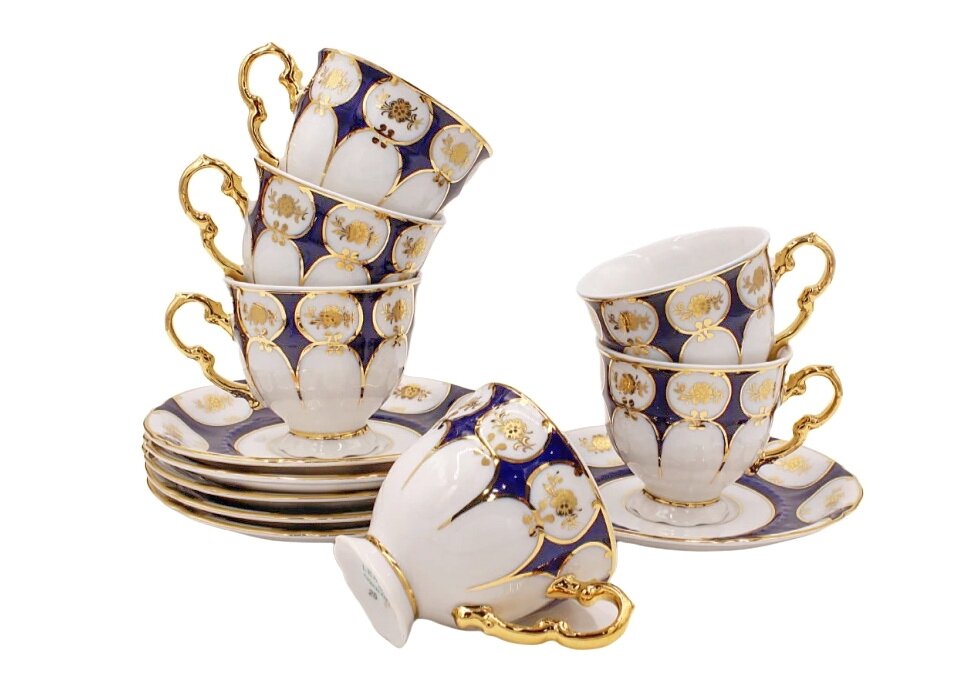 Набор кофейных пар 150 мл на 6 персон 12 предметов, Золотой цветок, кобальт Соната 07160414-0443, Leander