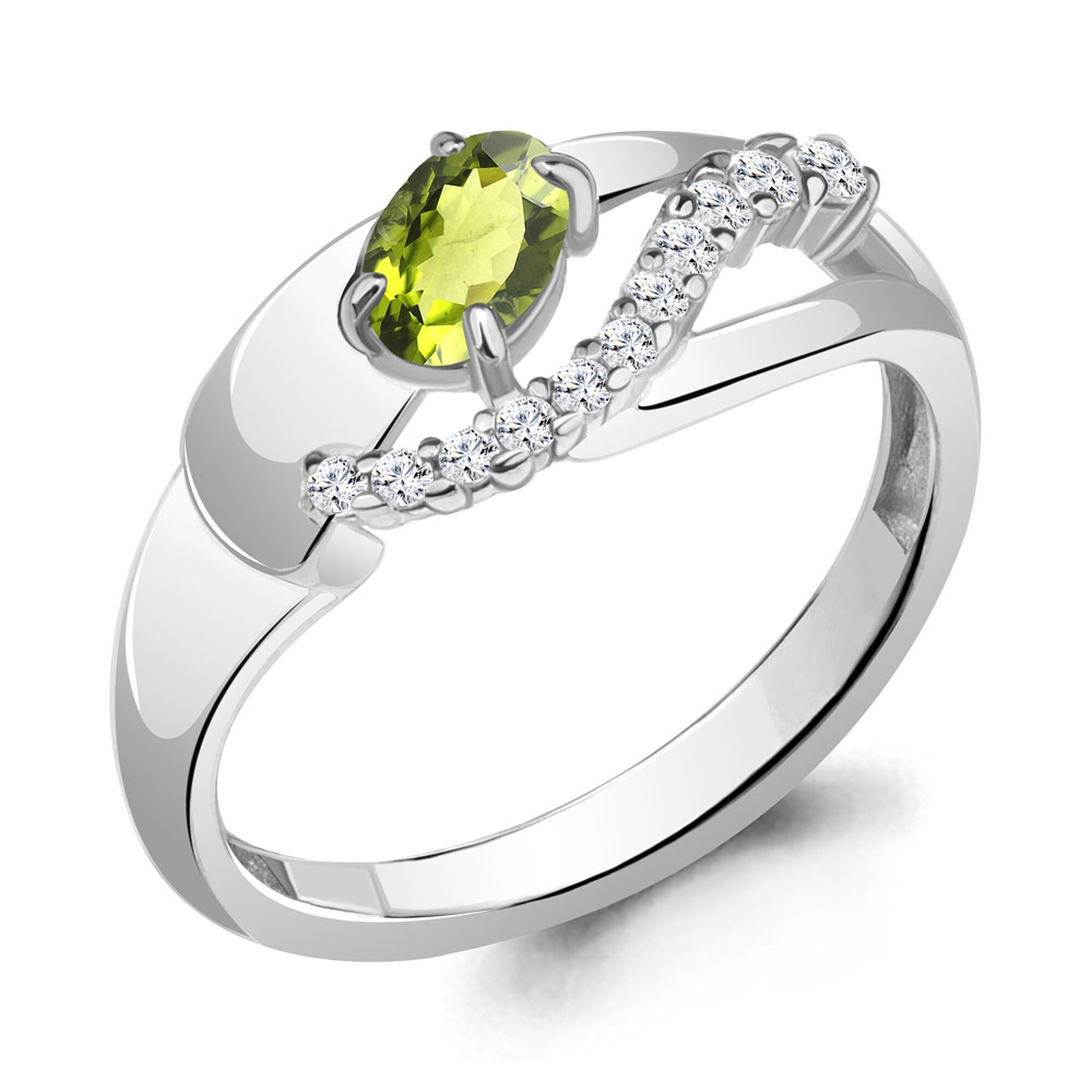 Кольцо, серебро, 925 проба, родирование, фианит, хризолит