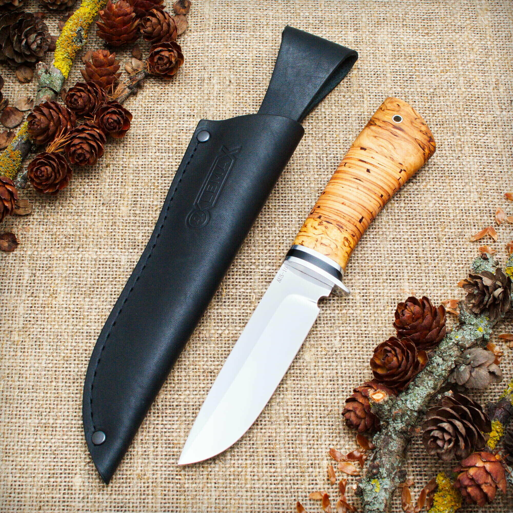 Нож туристический Стрим AUS-10 Полированный Дюраль Карельская береза Береста Lemax (Лемакс)