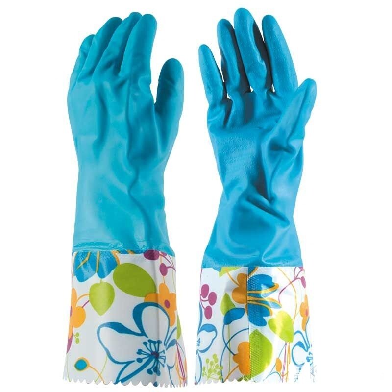 Перчатки хозяйственные Рыжий кот LG-Cu с манжетами, с хлопковым напылением, латексные, голубые, размер M / товары для дома