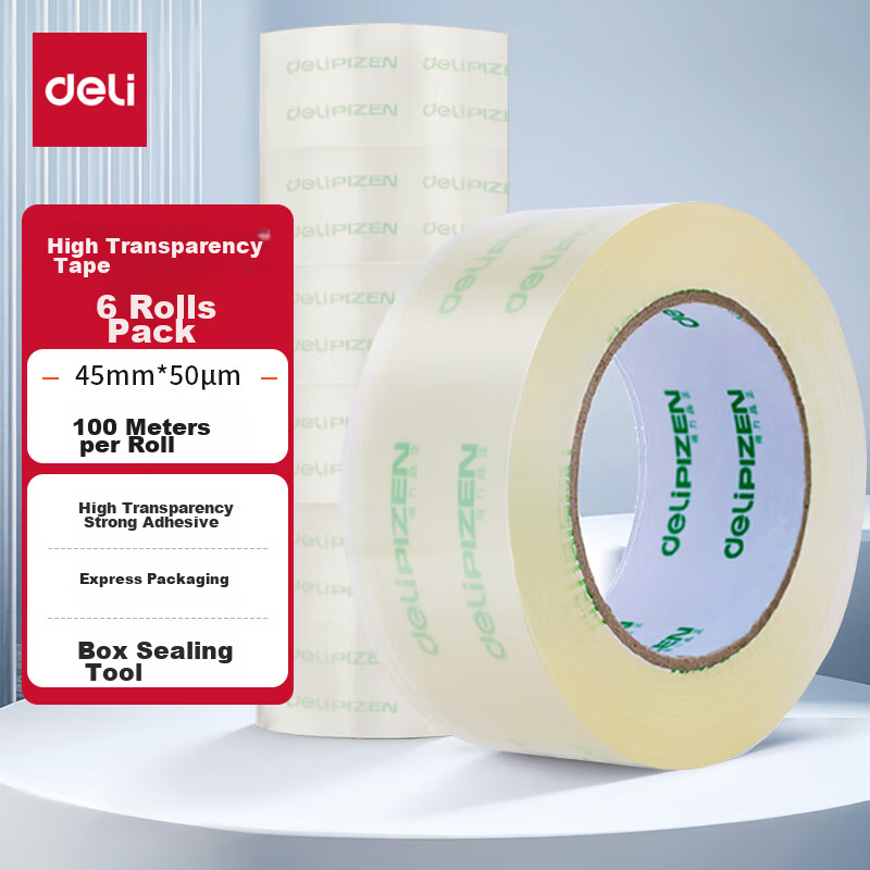 Deli High-Quality Transparent Packing Tape, 45mm*100m*50um, 6 Rolls/tube, Office Supplies, 33008
