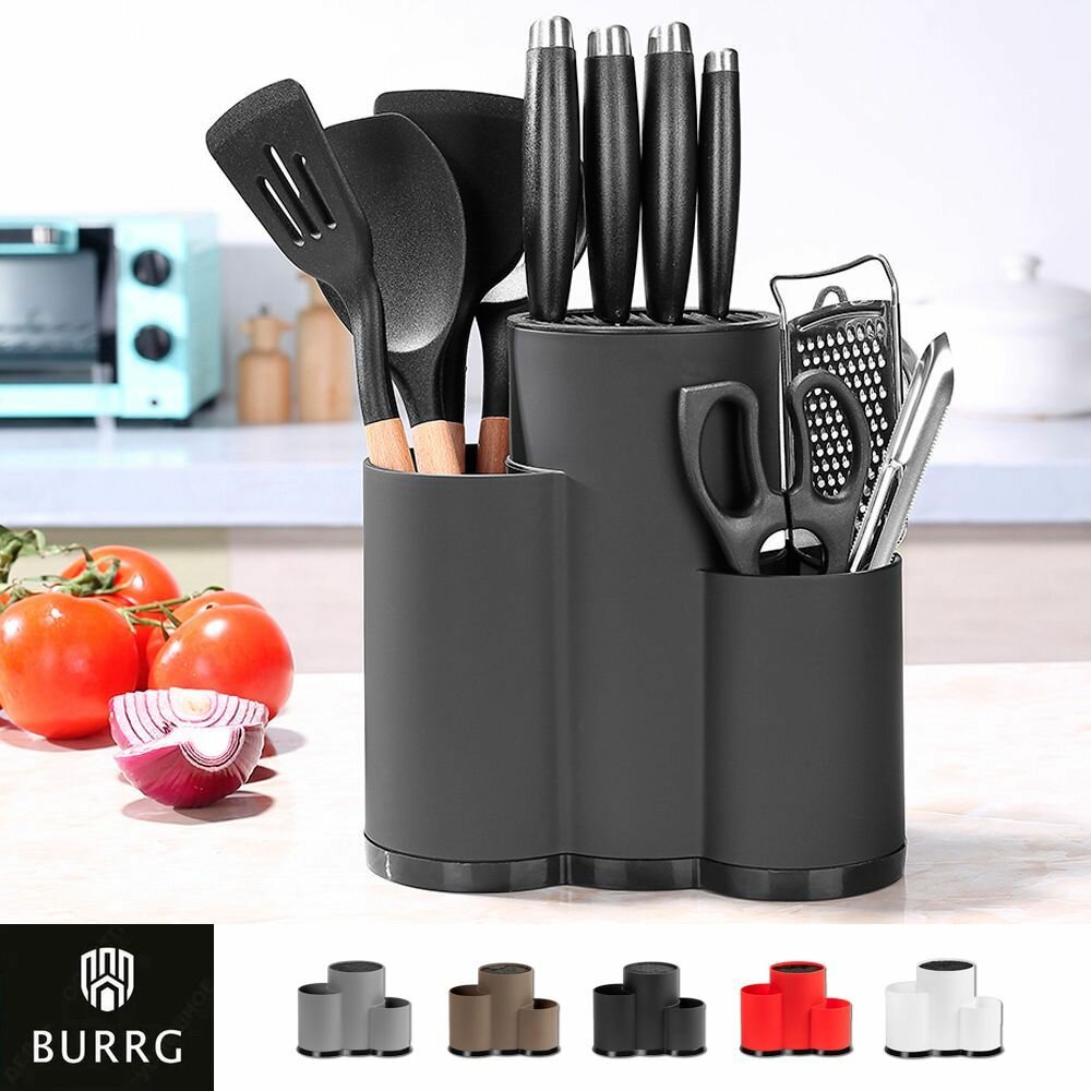 Подставка для ножей с наполнителем для кухонных принадлежностей органайзер для столовых приборов настольный, три отделения, черная матовая - BURRG