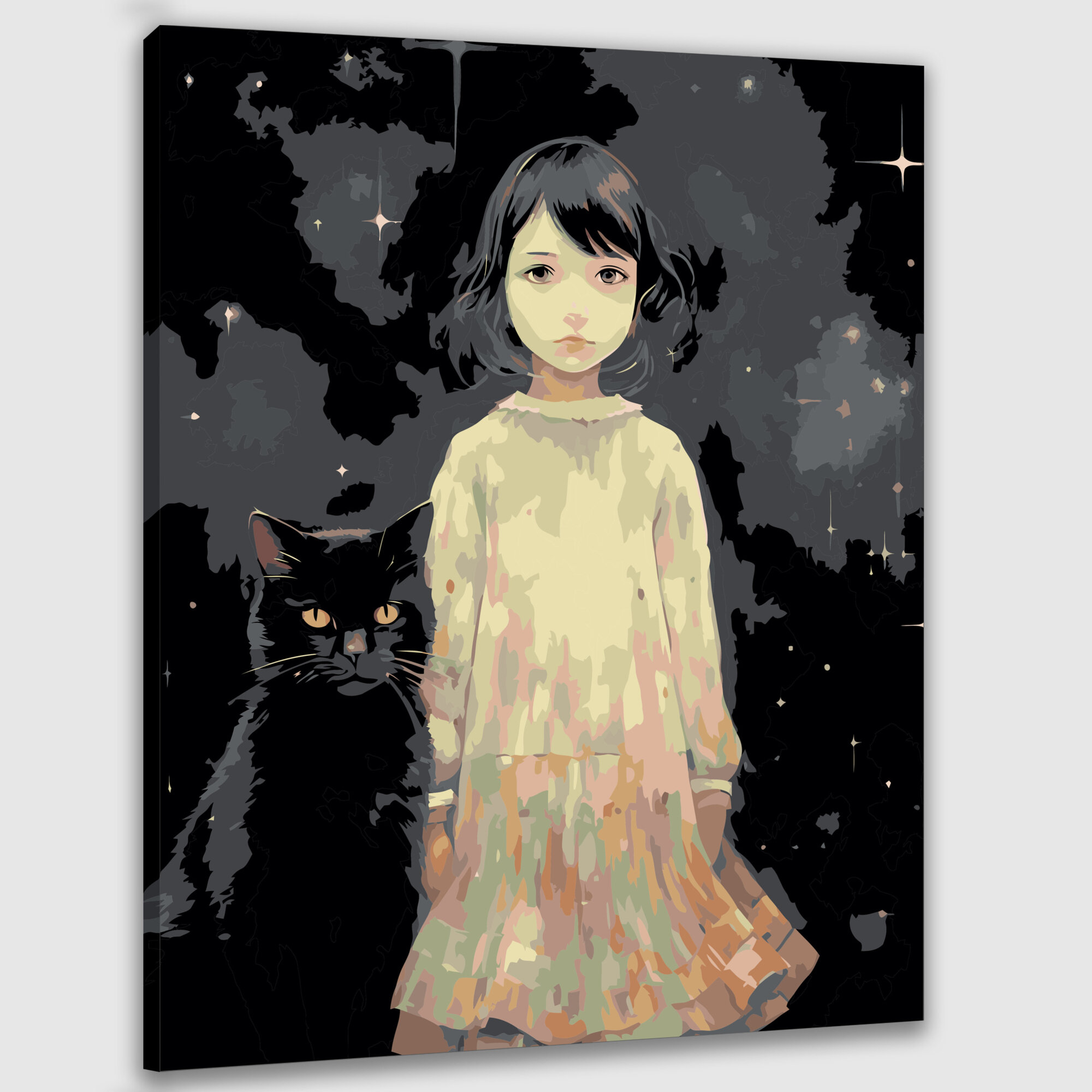 Картина по номерам 40x50 см, девушка, кошачья голова, звездное ночное небо, Млечный путь, благоговение, таинственность